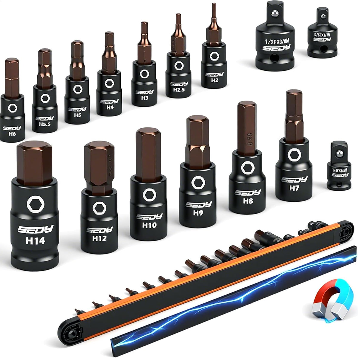 SEDY 16-Piece Metric Hex Bit Socket Set with Magnetic Rail – SEDY-Tools ...