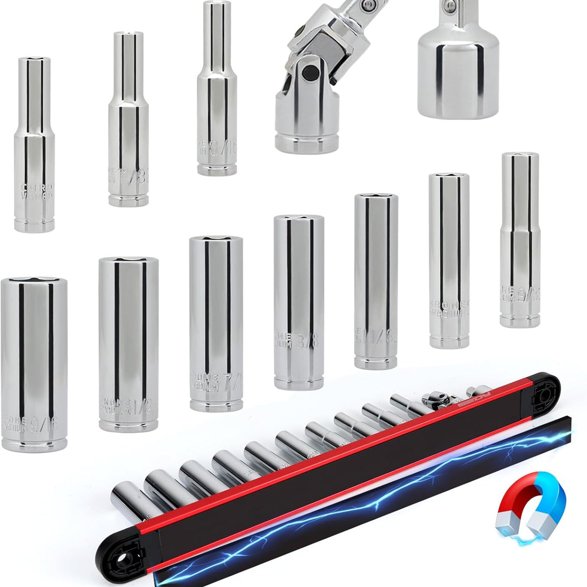 SEDY 12-Piece SAE Socket Set with Magnetic Rack & Universal Joint ...